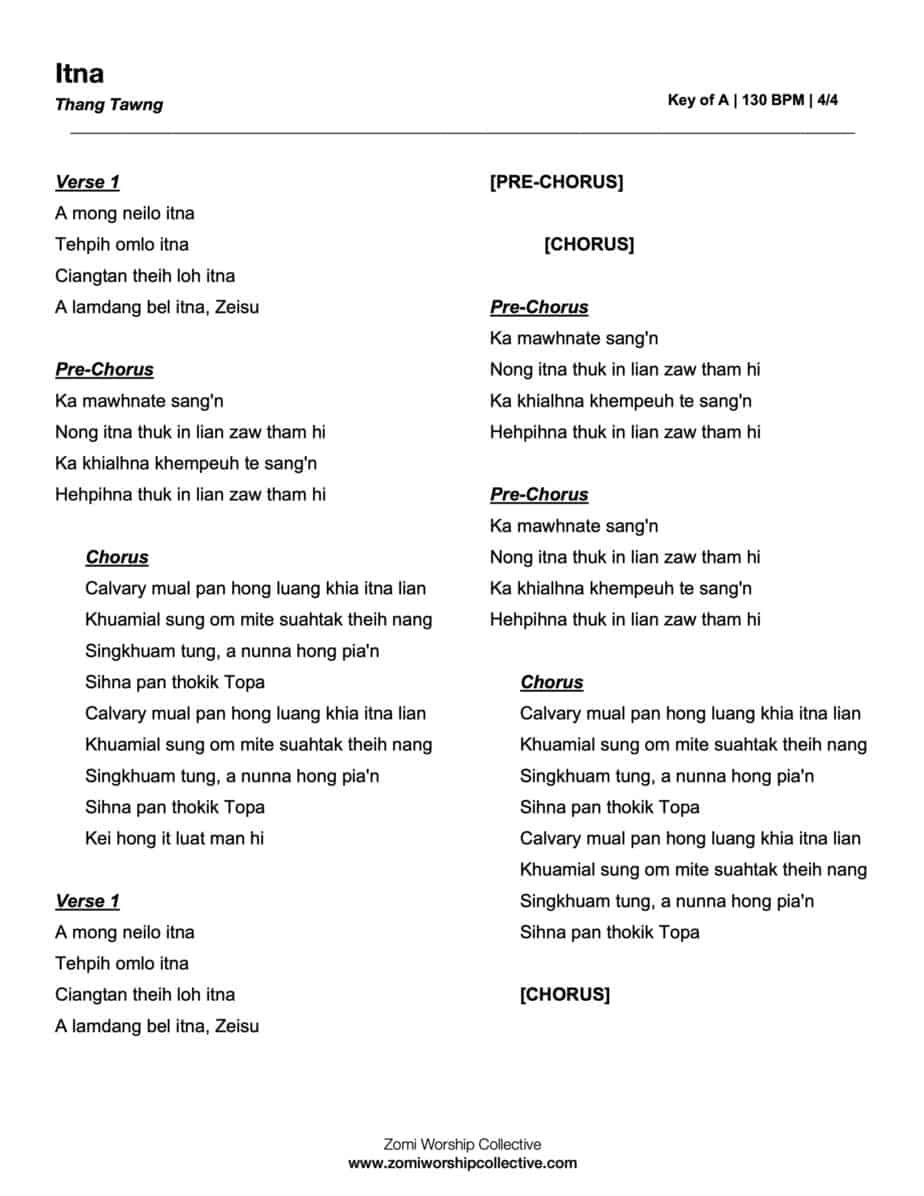 Itna (Thang Tawng) - Lyrics & Chords » Zomi Worship Collective